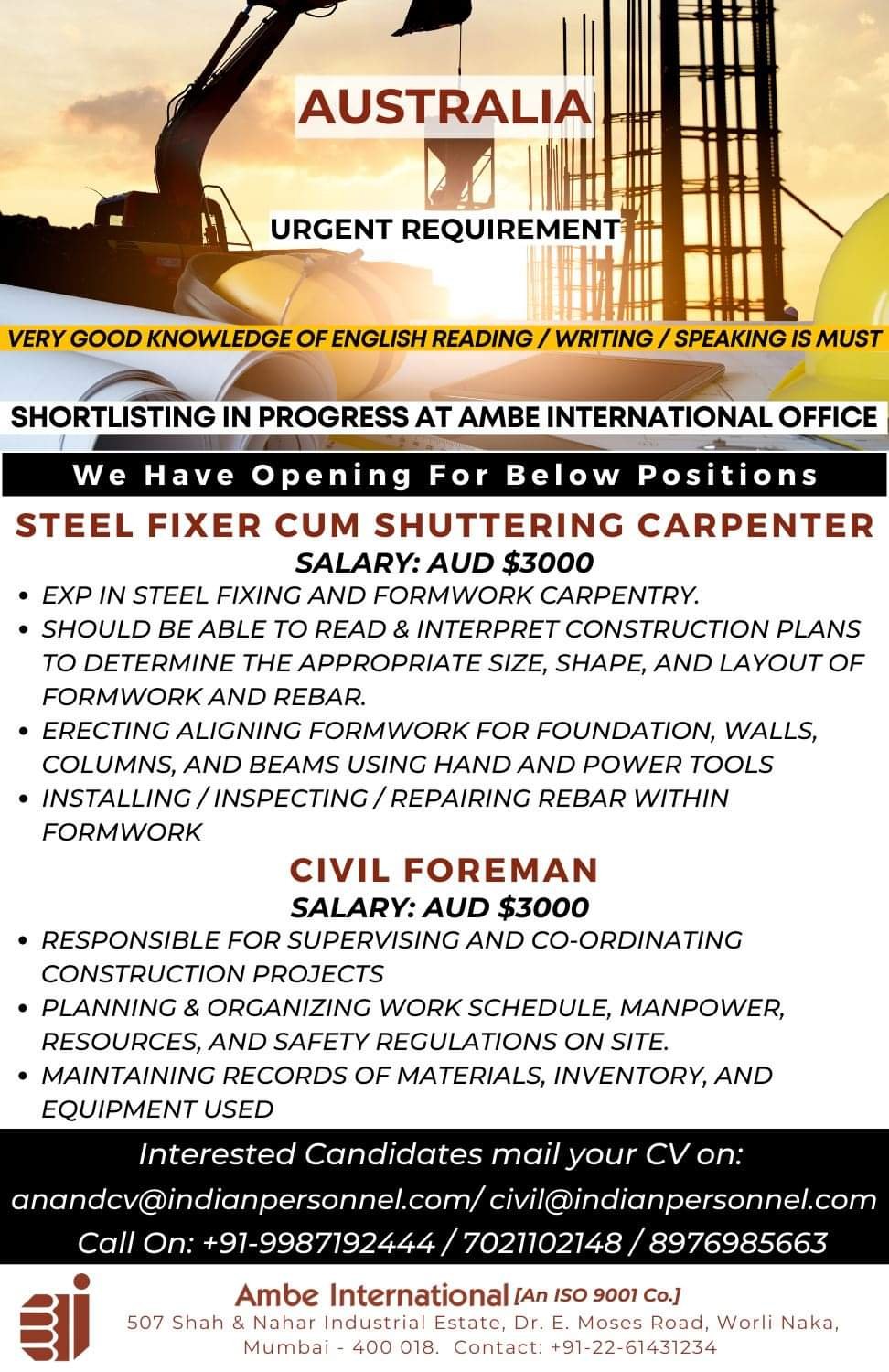 AUSTRALIA URGENT REQUIREMENT - Indian Job Seeker